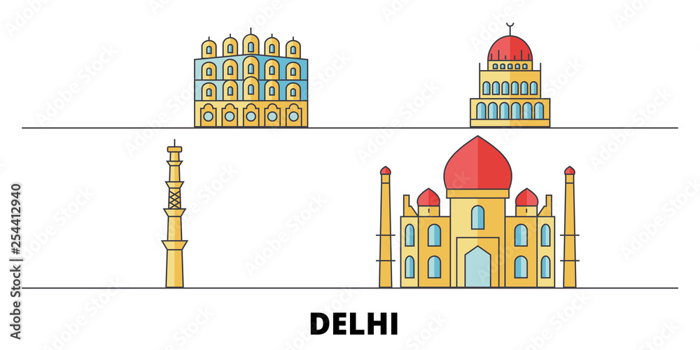 India, Delhi City flat landmarks vector illustration. India, Delhi City ...