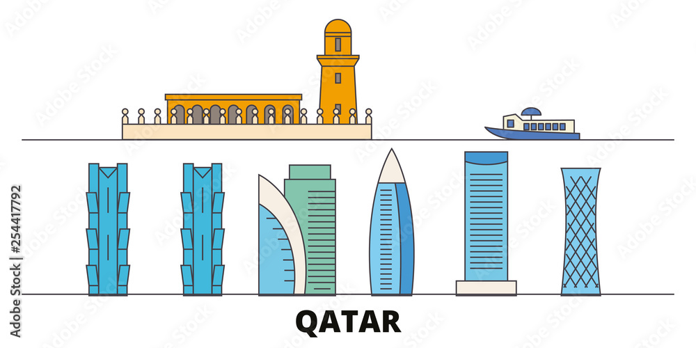 Qatar, Doha flat landmarks vector illustration. Qatar, Doha line city ...