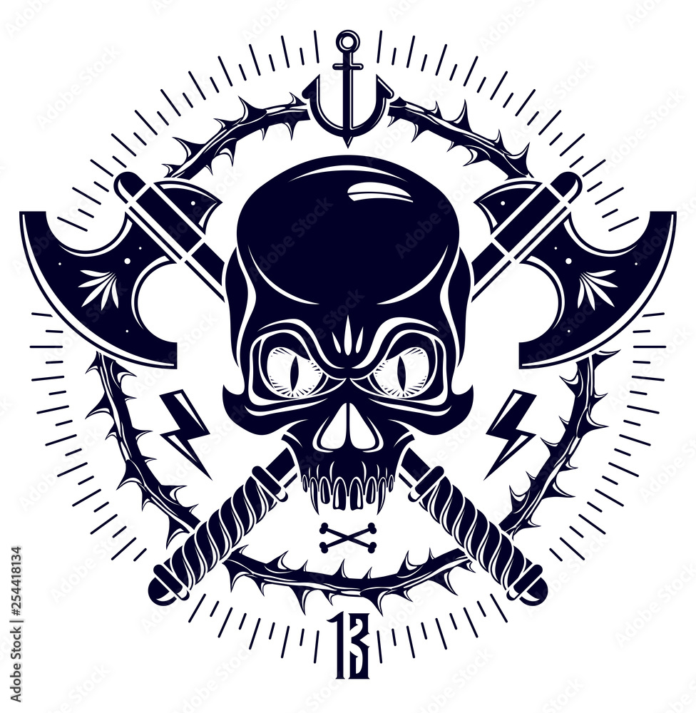 Aggressive skull pirate emblem Jolly Roger with weapons and other ...
