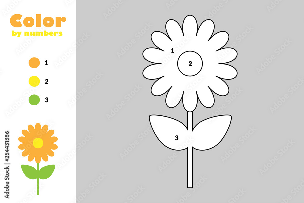 Flower in cartoon style, color by number, education paper game for the ...