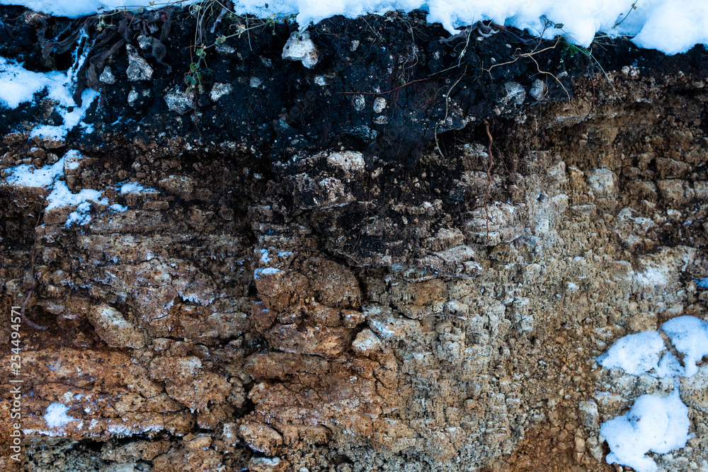 Soil cut-sandstone, stones, clay, sand structure and layers. slice of ...