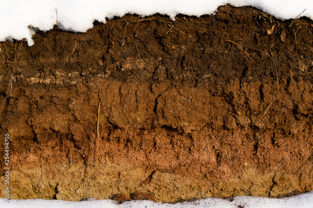 Soil cut-sandstone, stones, clay, sand structure and layers. slice of ...