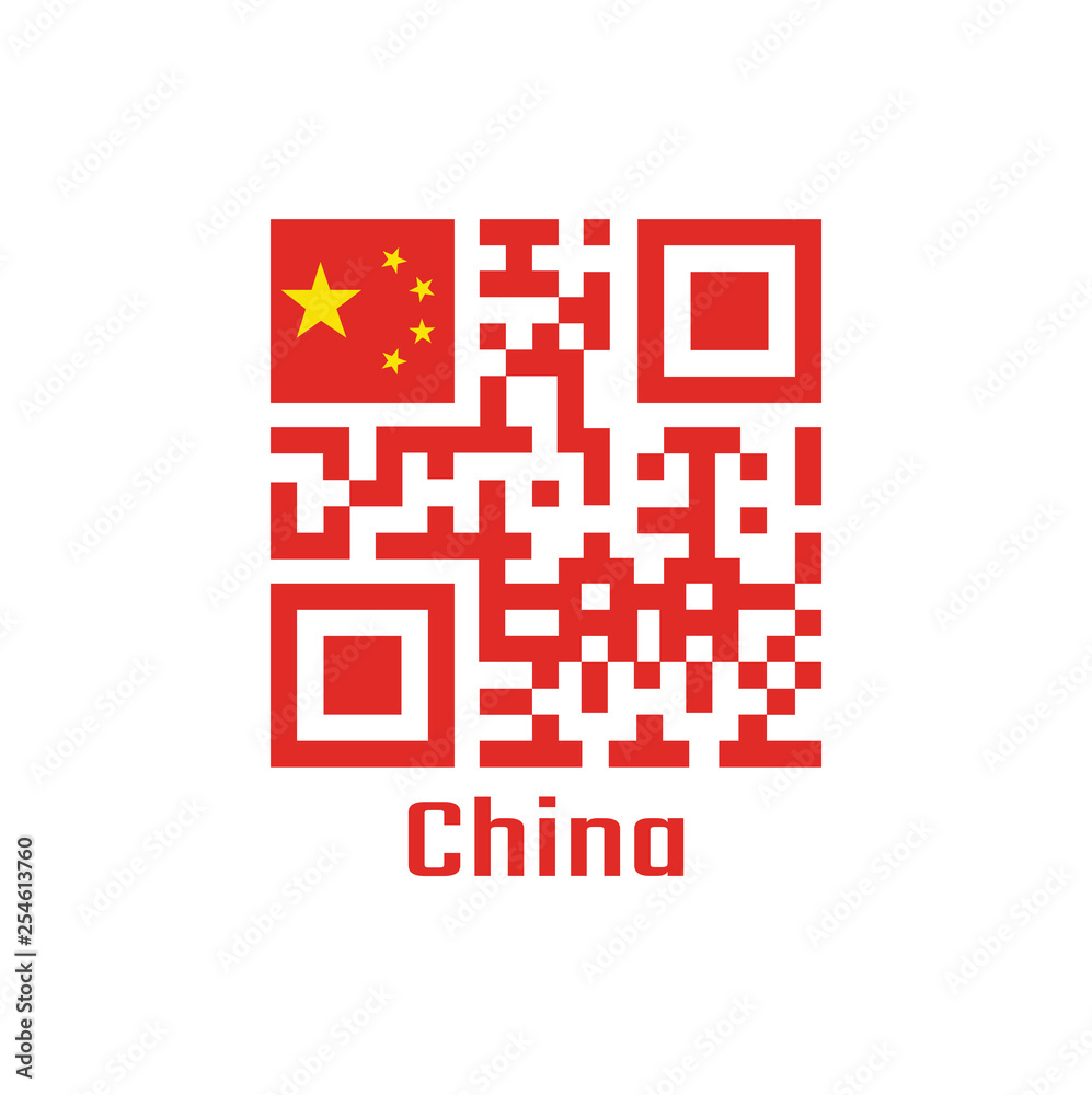 QR code set the color of China flag. a large golden star within an arc ...