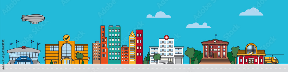 Colorful city main street line art vector illustration Stock Vector ...