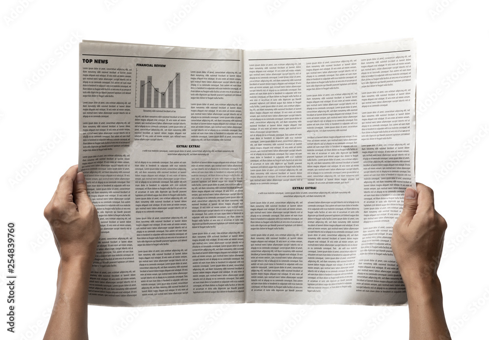 Hands holding the Business Newspaper isolated on white background ...