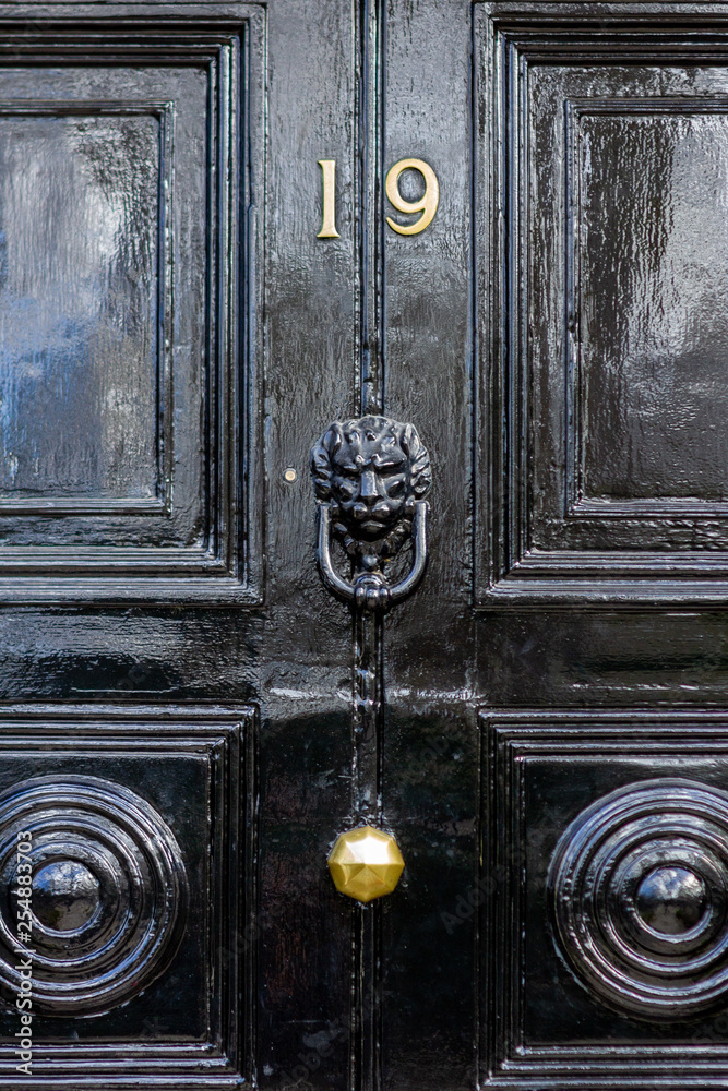 House number 19 in bronze on a black wooden entrance door with the ...