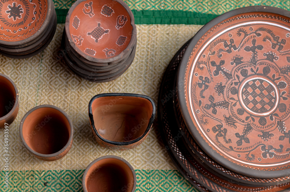 Top view close up of beautiful Gujarati Khavda Pottery earthen ...
