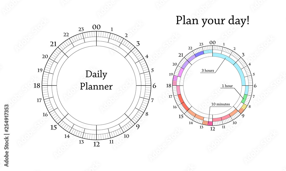 Time management. Daily planner clock. 24 hours. Organizer. Stock Vector ...