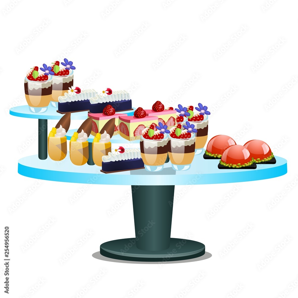 Buffet table with sweet desserts isolated on white background. Vector ...