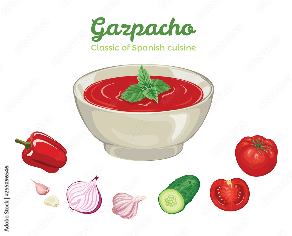 Gazpacho in bowl isolated on white background. Classic of Spanish ...