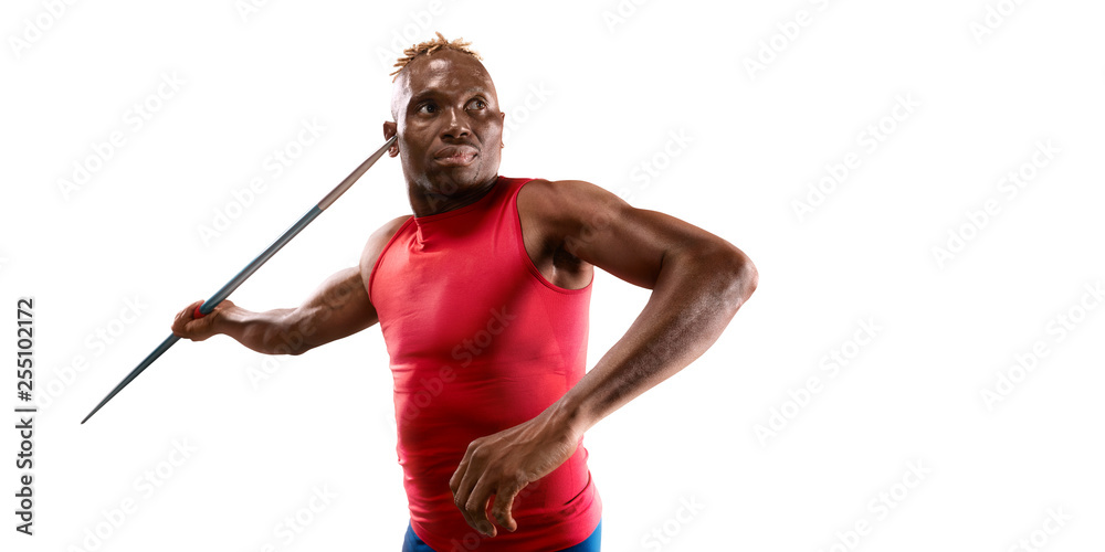 Young black male javelin thrower throwing a spear on white background ...