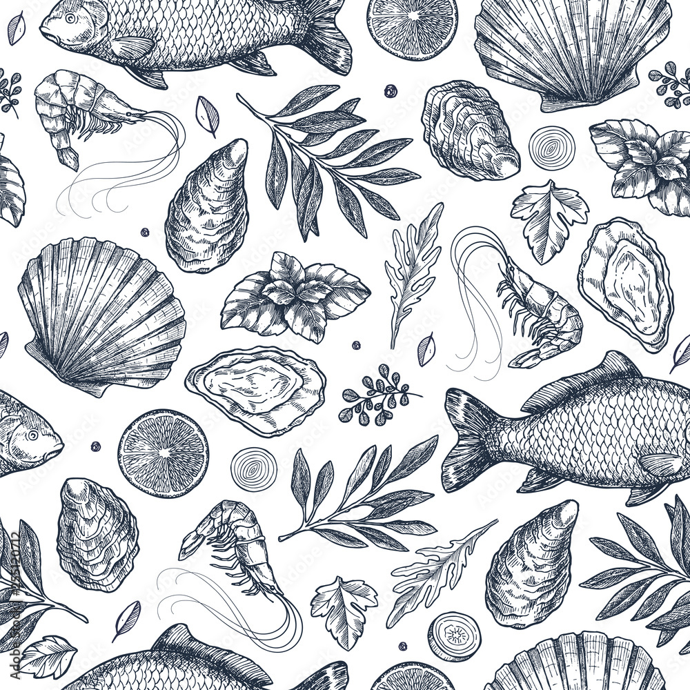 Seafood restaurant seamless pattern. Fish, seashell, leaf, shrimp ...