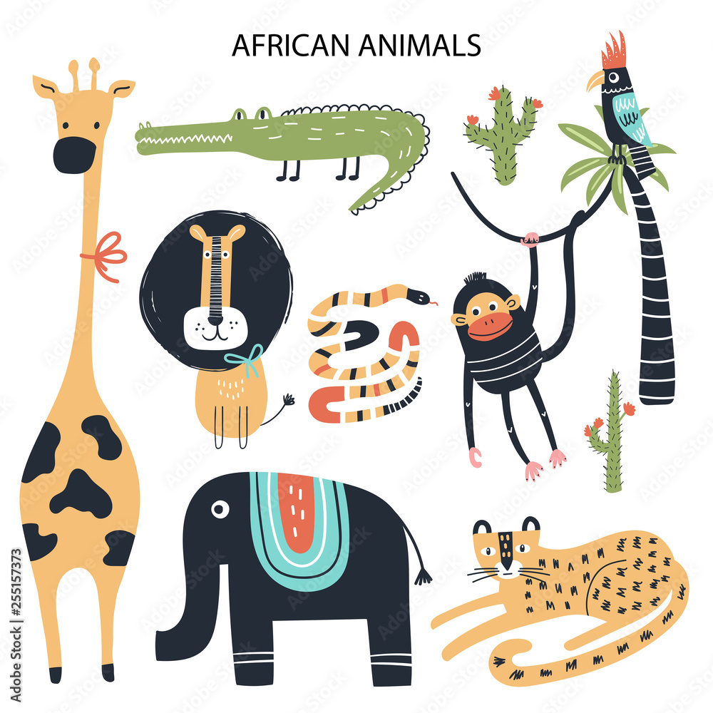 Set of diferent cartoon African animals. Cute handdrawn kids clip art ...