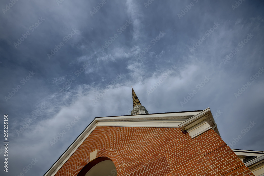 "Upward Bound" large brick church with copper steeple photographed at ...
