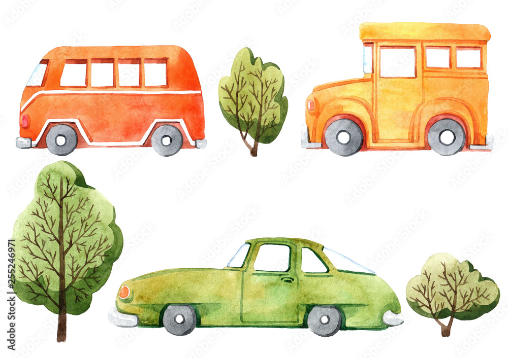 Watercolor set of cartoon car and trees. Hand drawn illustration ...