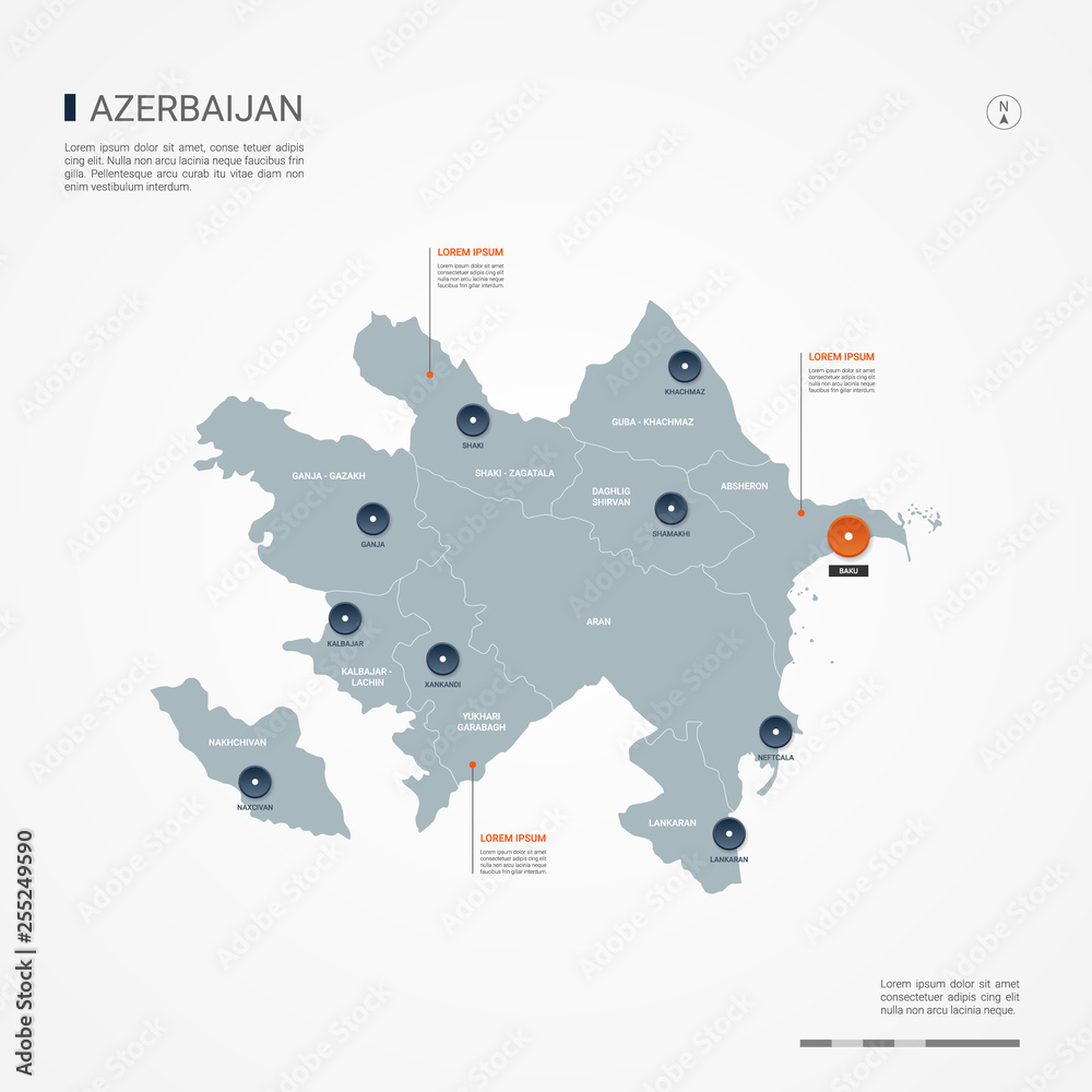 Azerbaijan map with borders, cities, capital Baku and administrative ...