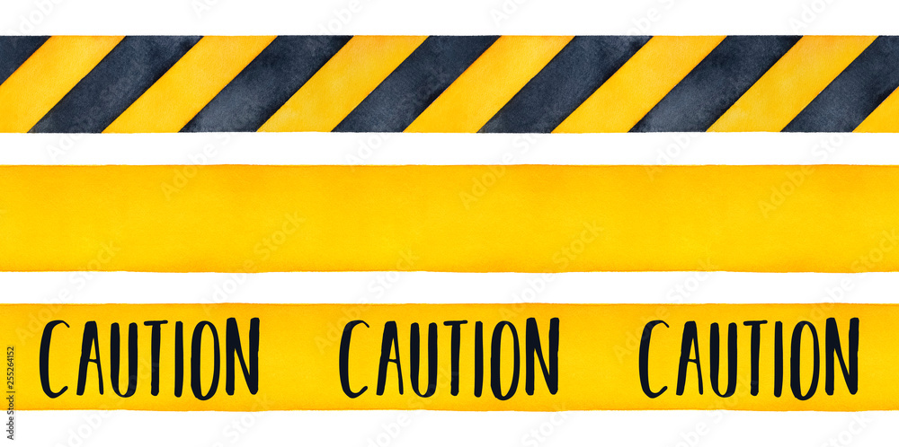 Watercolor illustration set of caution tapes. Seamless repeating ...