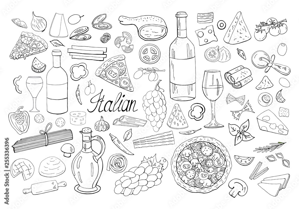 Big hand drawn italian food collection isolated on white background ...