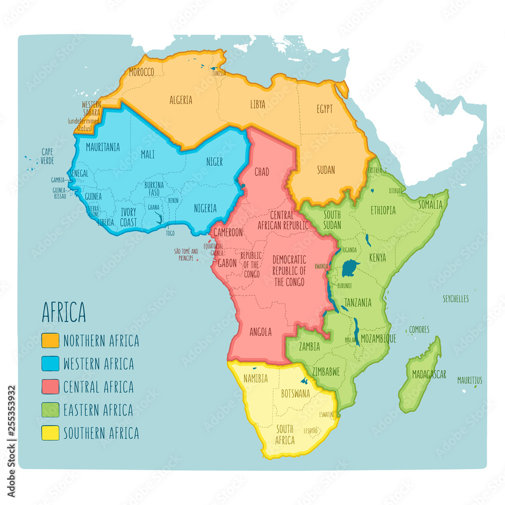 Colorful hand drawn political map of Africa with five regions Stock ...