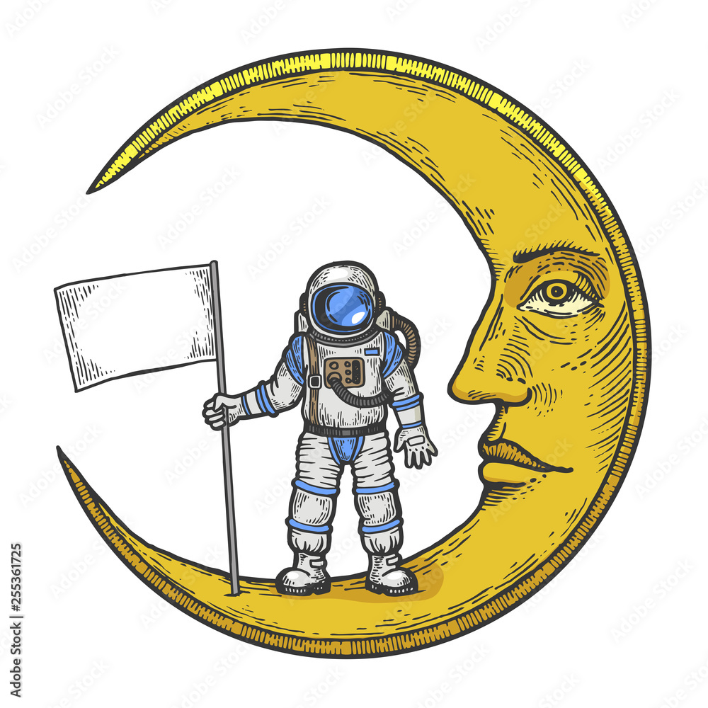 Astronaut spaceman with white flag on cartoon moon with face color ...