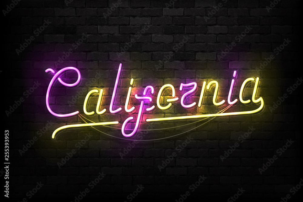 Vector realistic isolated neon sign of California typography logo for ...