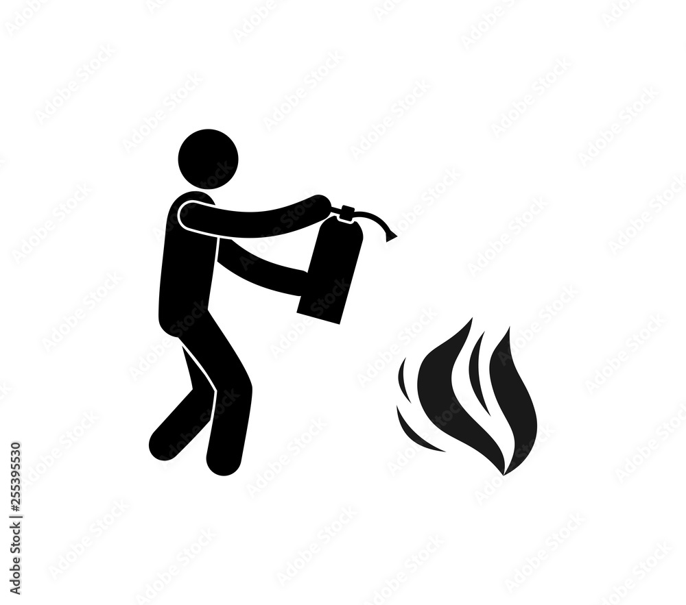 fire fighting icon, pictogram man with fire extinguisher puts out fire ...