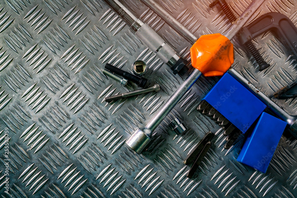 Photo Stock Top view of tools on industrial metal checker plate. Metal ...