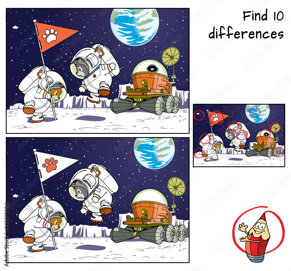 Funny cats astronauts, flag and moonrover. Find 10 differences ...