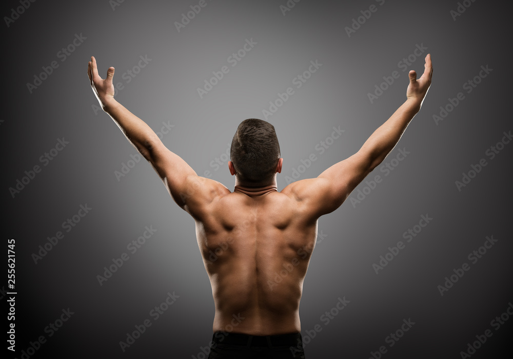 Athletic Man Raised Open Arms, Muscular Athlete Body Back Rear View ...