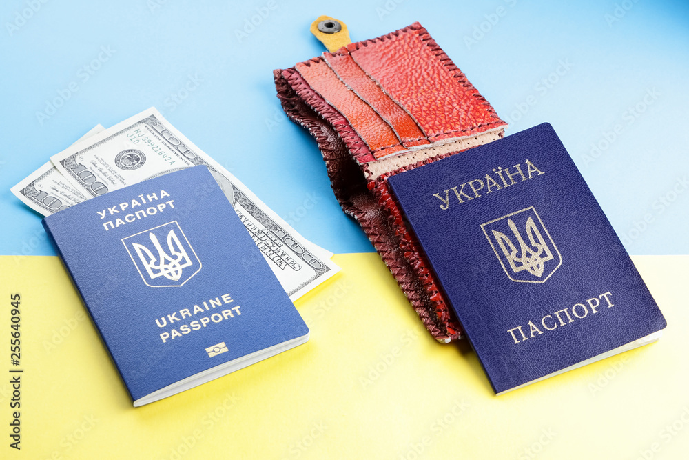 Ukrainian biometric passport on background of the Ukrainian flag ...