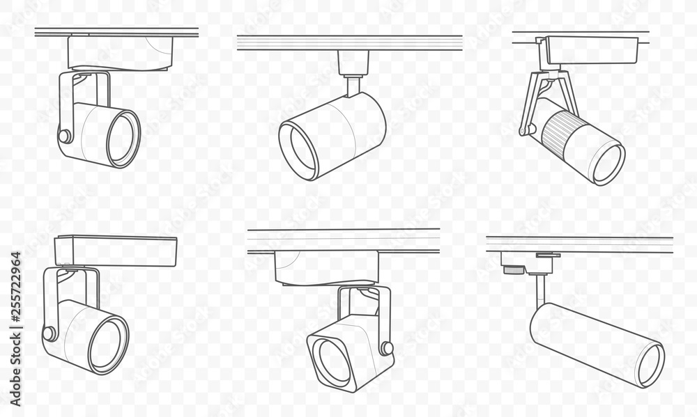 Led track lights and lamps with spotlights drawn set and collection in ...