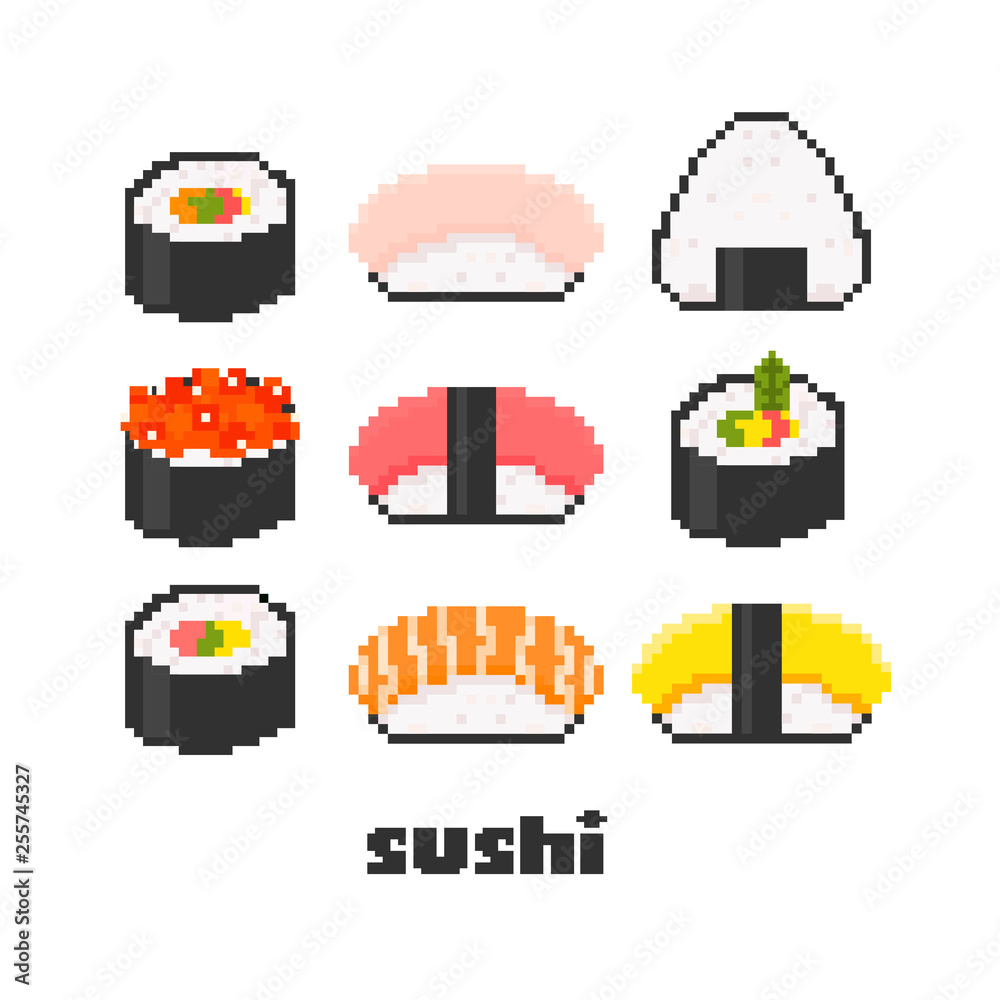 Various tasty sushi. Pixel art. Hand drawn trendy illustration. Flat ...