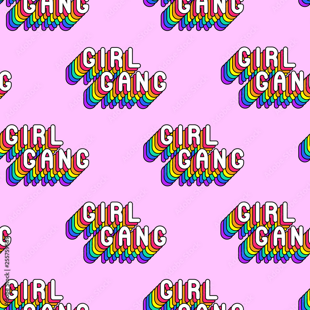 Seamless pattern with rainbow-colored words “Girl Gang” isolated on ...