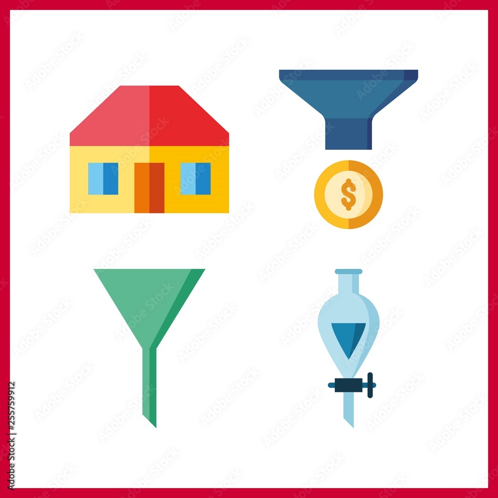4 commercial icon. Vector illustration commercial set. roof and funnel ...