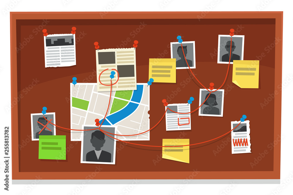 Detective board. Crime evidence connections chart, pinned newspaper and ...
