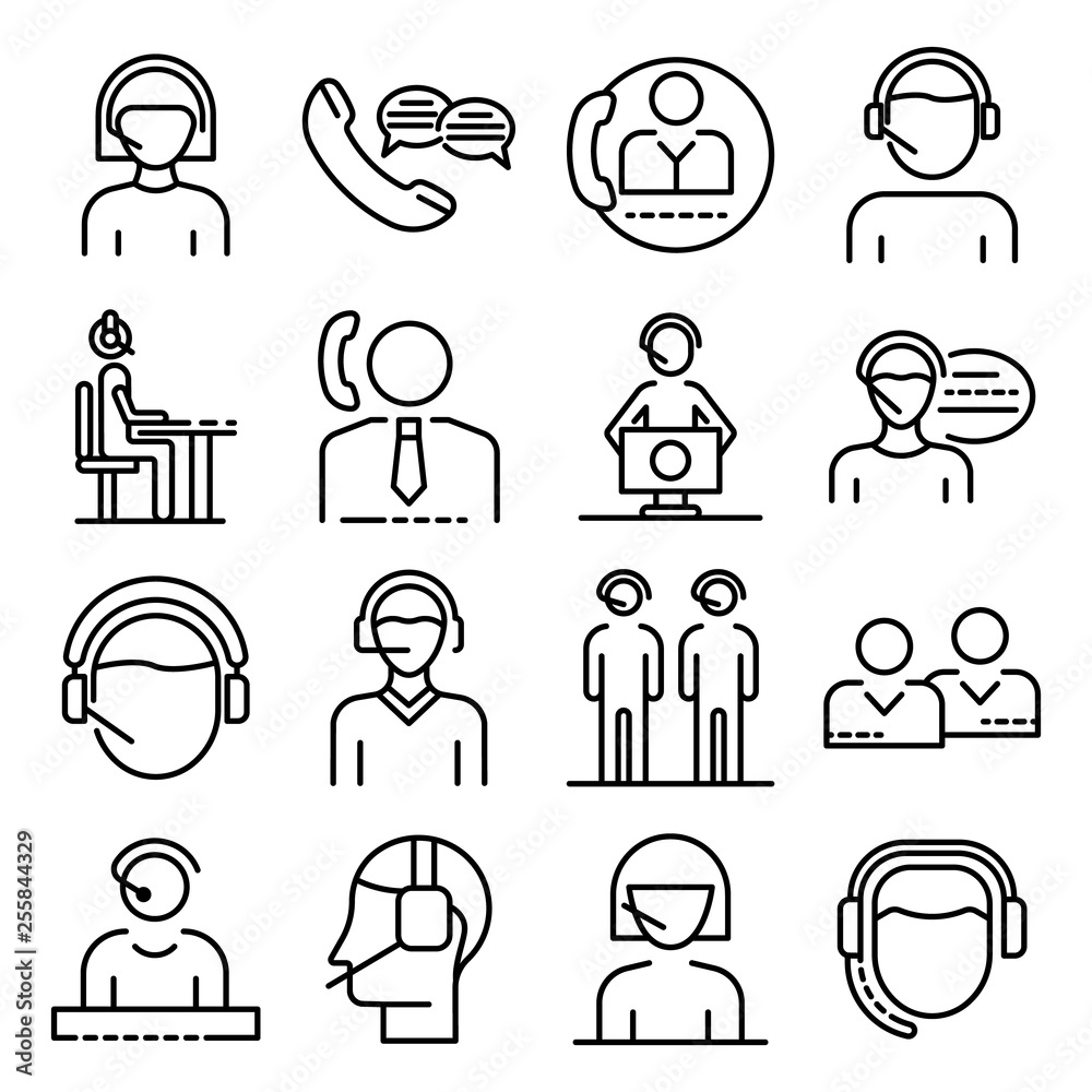 Call center employees icons set. Outline set of call center employees ...