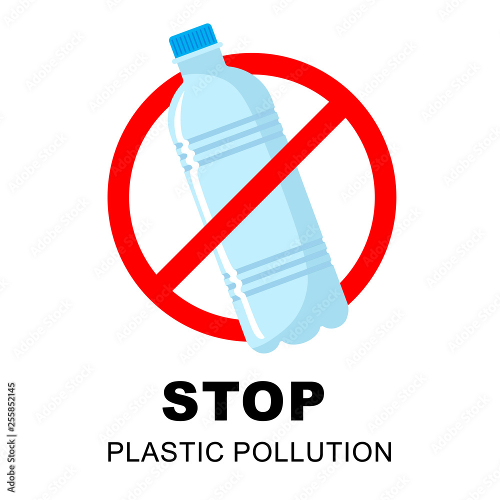Stop plastic pollution. Plastic bottle with a sign of the plaid on a ...