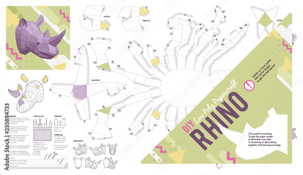 DIY papercraft rhino head. Make your own 3D low poly handicraft ...