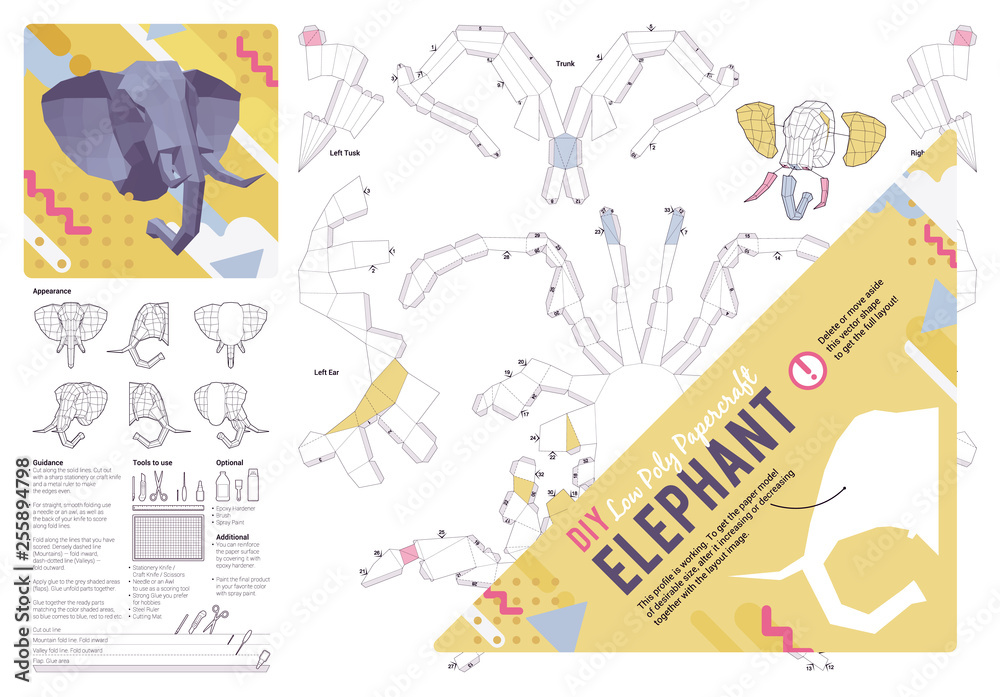 DIY papercraft elephant head. Make your own 3D low poly handicraft ...