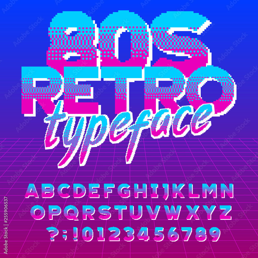 80s retro typeface. Pixel letters and numbers. Stock vector alphabet ...