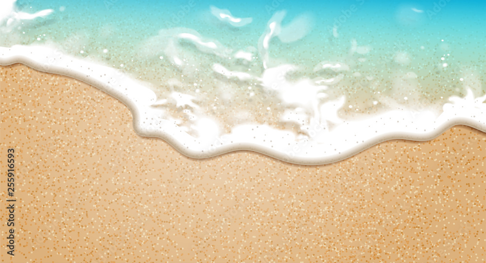 Summer background. Transparent sea wave on the sandy shore. 3D vector ...