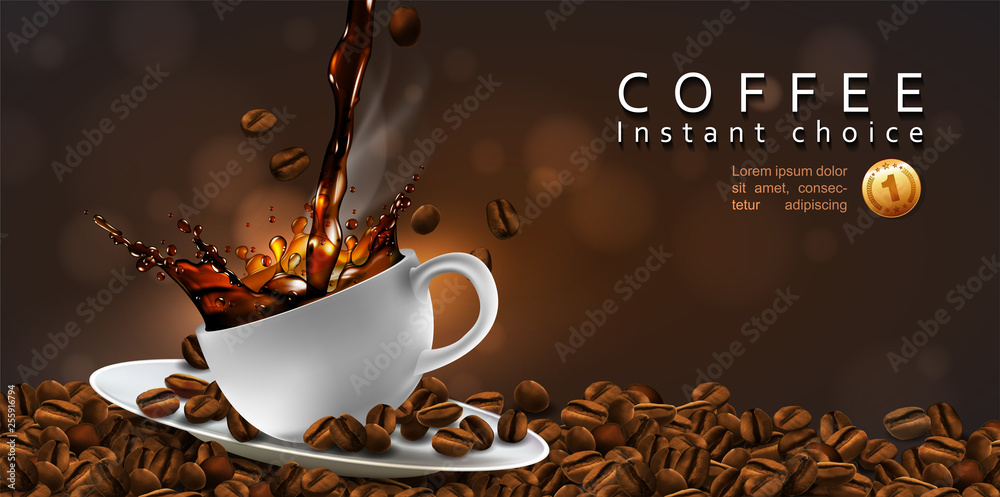 Coffee advertising design with coffee beans and a cup of steaming ...