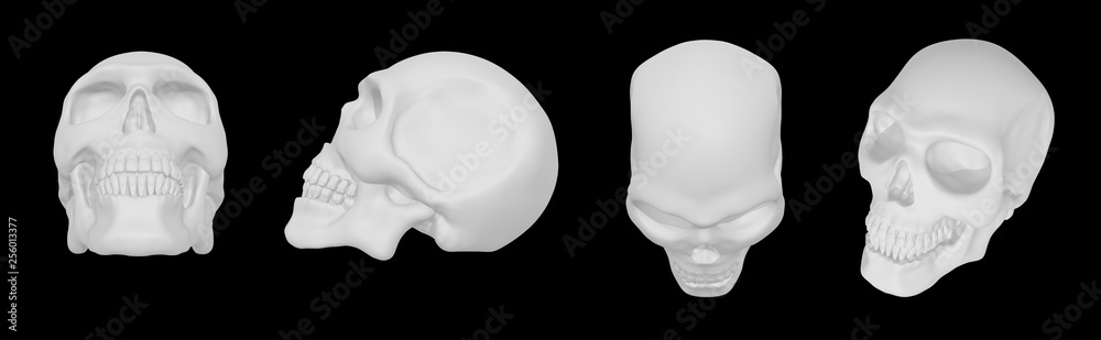 Realistic white 3d skull: front, side, top view isolated on black Stock ...