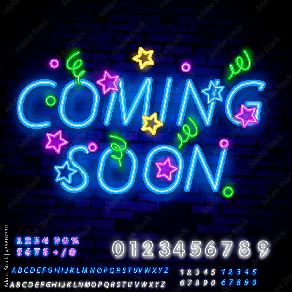 Coming Soon Neon Sign Vector with Brick Wall Background . Coming Soon ...