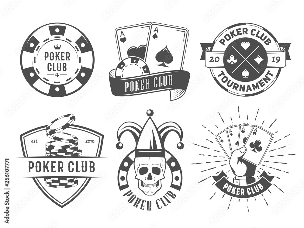 Vector poker club logos. Set of vintage badges with playing cards and ...
