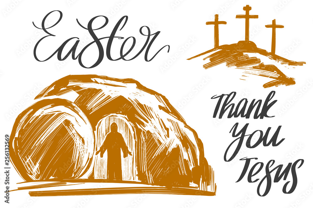 Easter Jesus Christ rose from the dead. Sunday morning. Dawn. The empty tomb in the background ...
