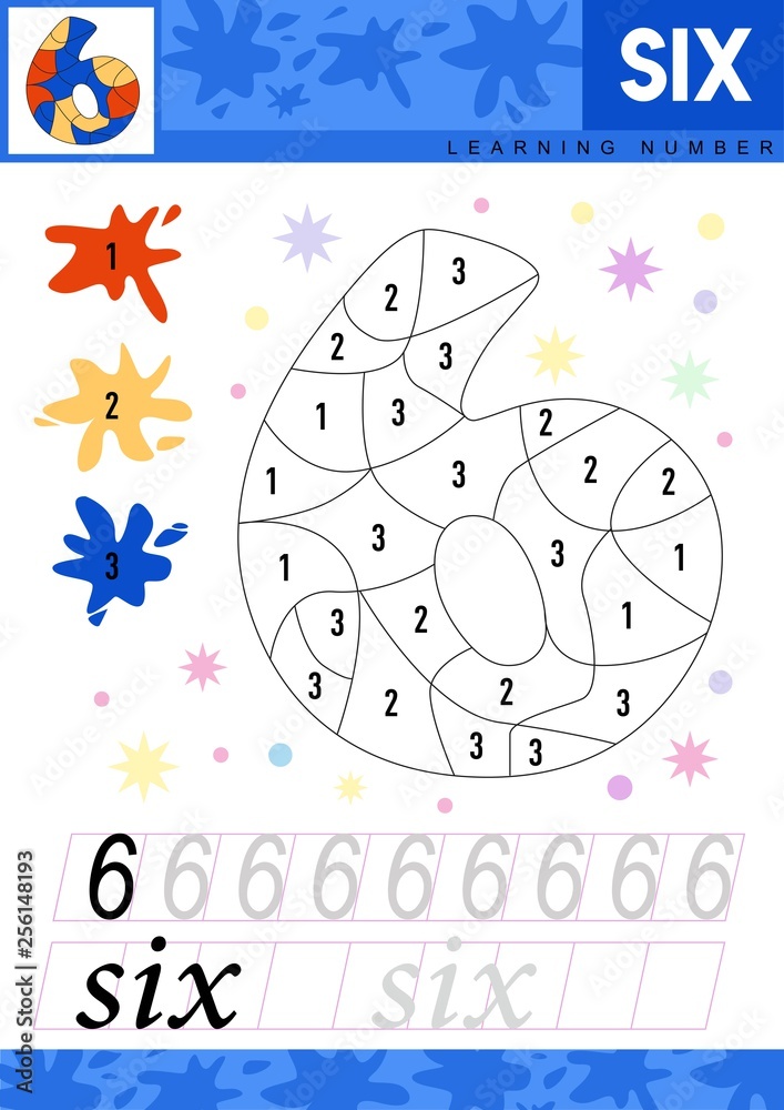 Learn numbers 6. Six. Kids learn to count worksheet. Children ...
