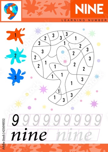 Learn numbers 9. Nine. Kids learn to count worksheet. Children ...