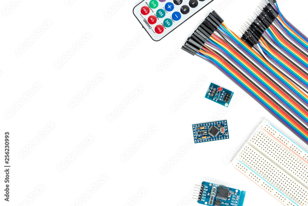 DIY arduino. Flat layout on white background, copy space. Electronic ...