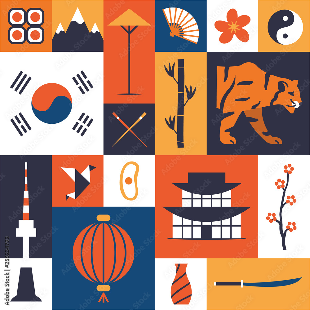 South Korea. Vector illustration. Korean cultural symbols. Set of flat ...